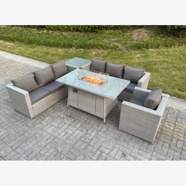 Fimous Light Grey Corner Rattan FirePit Garden Furniture Set Gas Heater ...